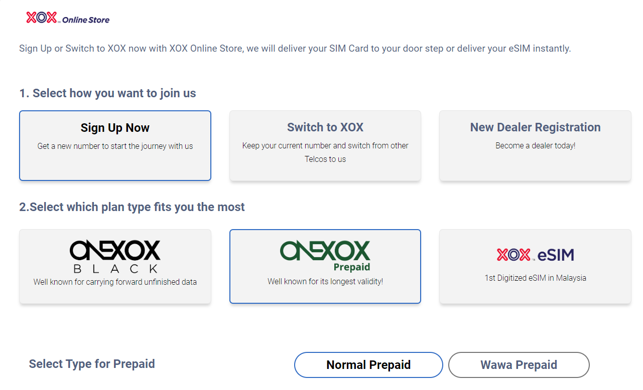 For ONEXOX Prepaid, there are options: Normal Prepaid and Wawa Prepaid
